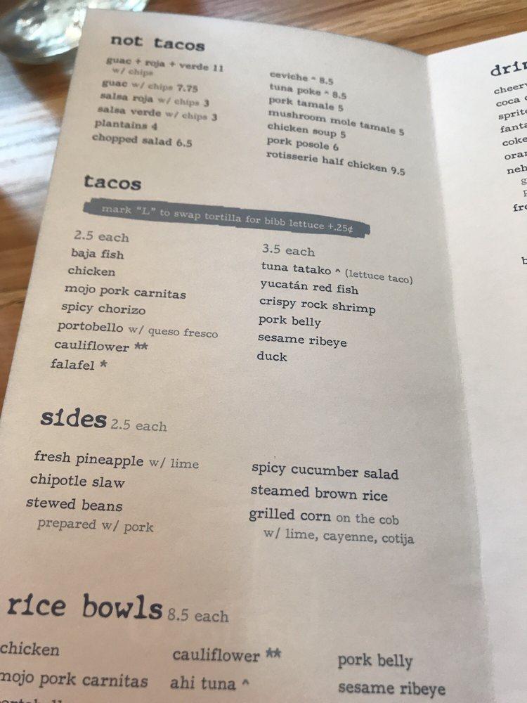 Menu at bartaco, Chapel Hill