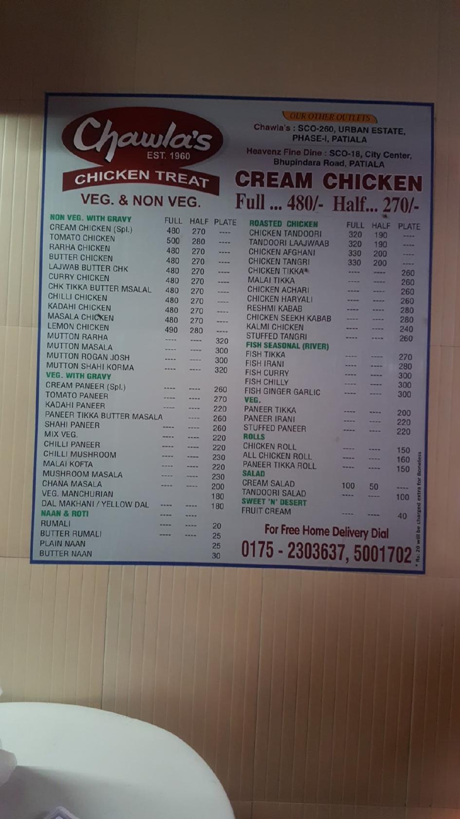 Menu at Chawla's Chicken Treat, Patiala, SCO No. 1