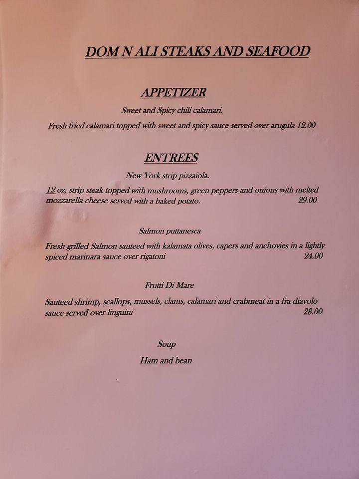 Menu at Dom N Ali steakhouse, Jim Thorpe