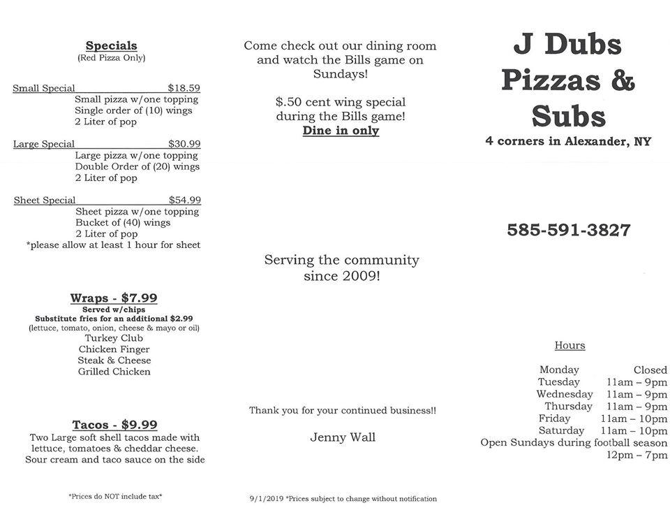 Menu at J Dubs Pizzas & Subs of Alexander New York Alexander NY ...