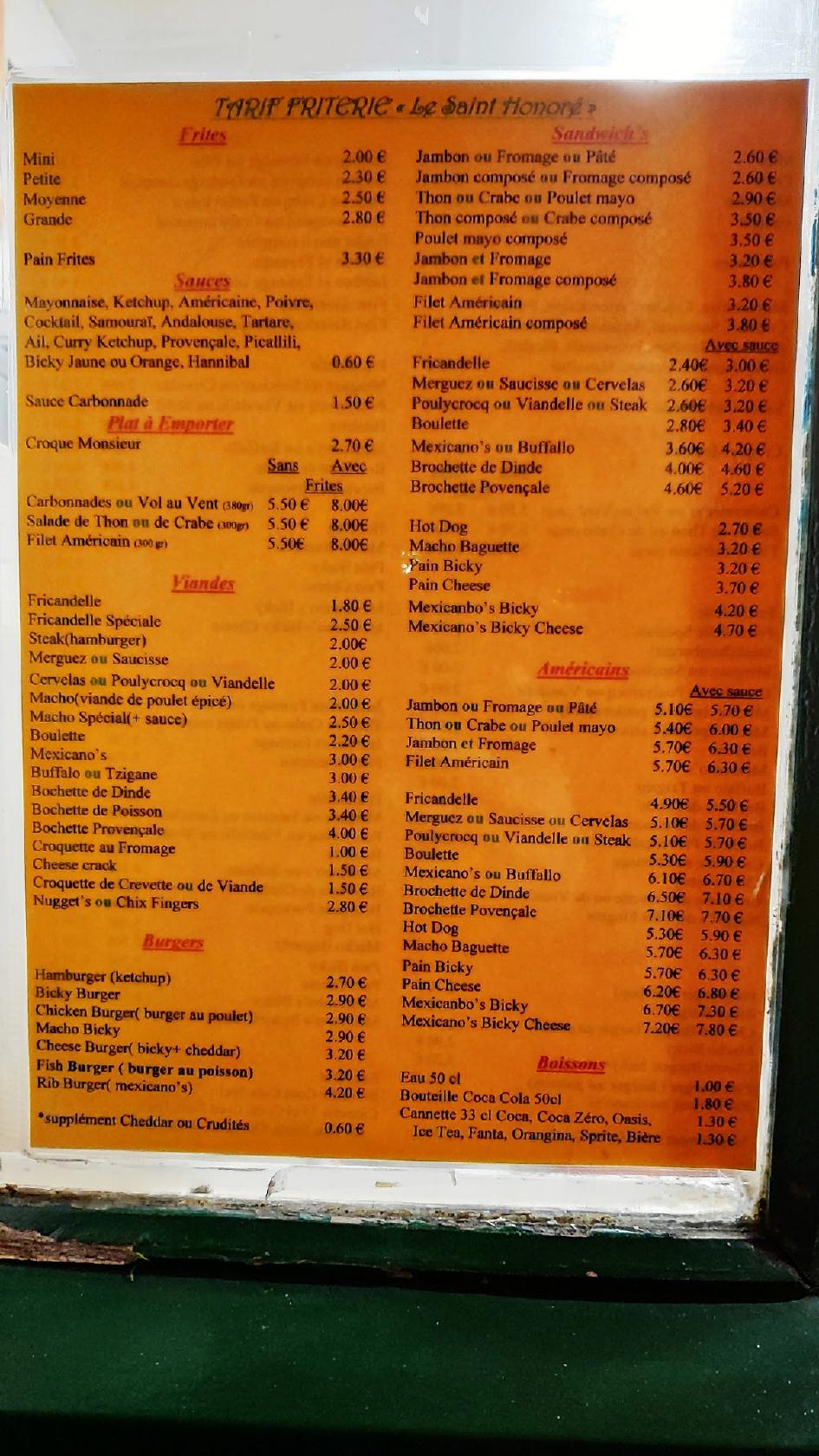 Menu au Le Saint-Honore restaurant, Bousbecque