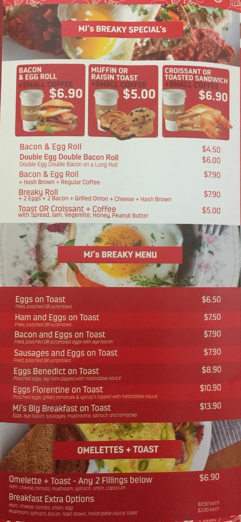 Menu at MJ’s Cafe, Moorebank