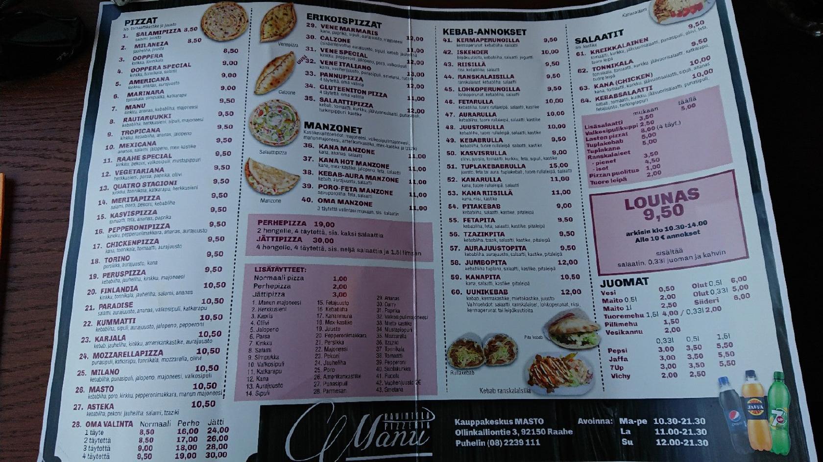 Menu at Manu Pizzeria, Raahe