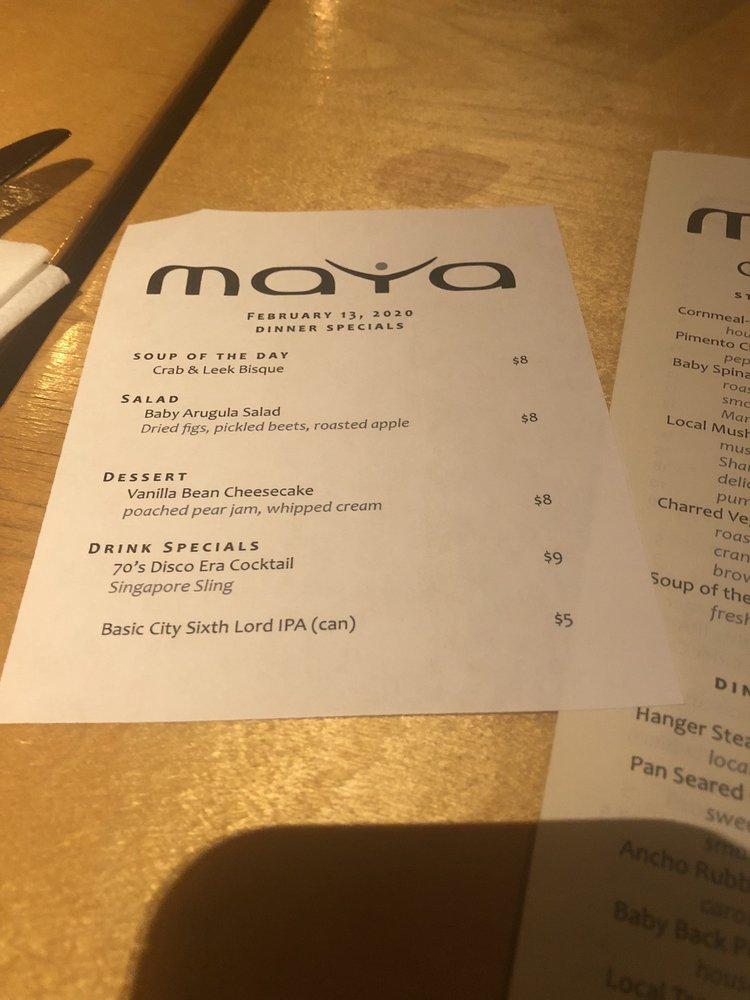 Menu at Maya pub & bar, Charlottesville