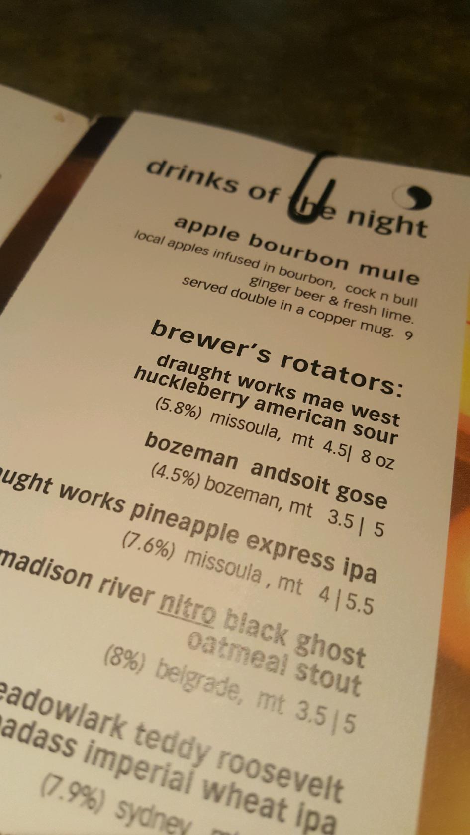 Menu at Montana Ale Works pub & bar, Bozeman