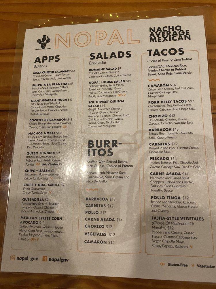 Menu at Nopal by Cintrón restaurant, Gainesville