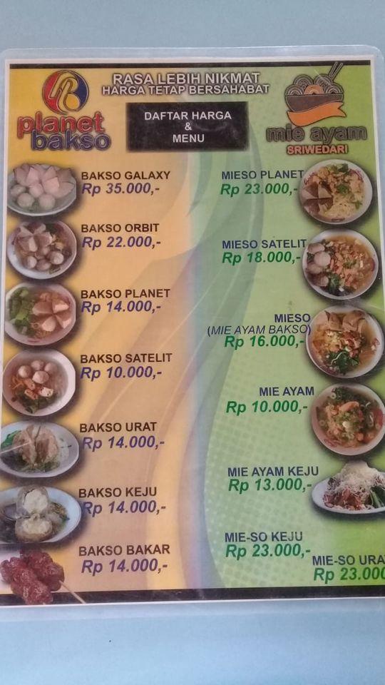 Menu at Planet Bakso & Mie Ayam Sriwedari restaurant, Salaman