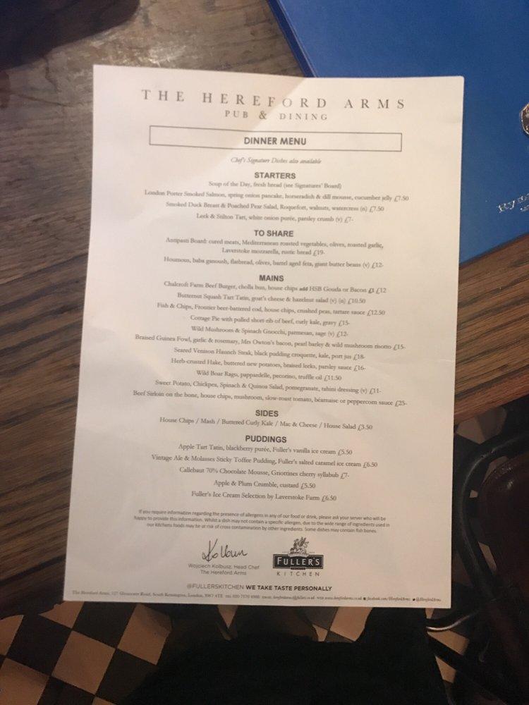 Menu at The Hereford Arms, South Kensington pub & bar, London