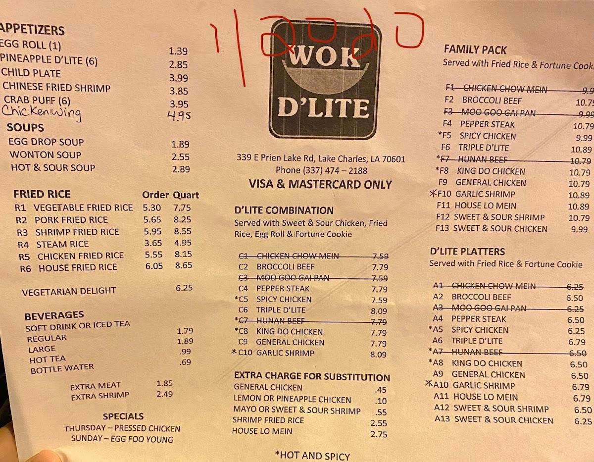 Menu at Wok D'Lite restaurant, Lake Charles