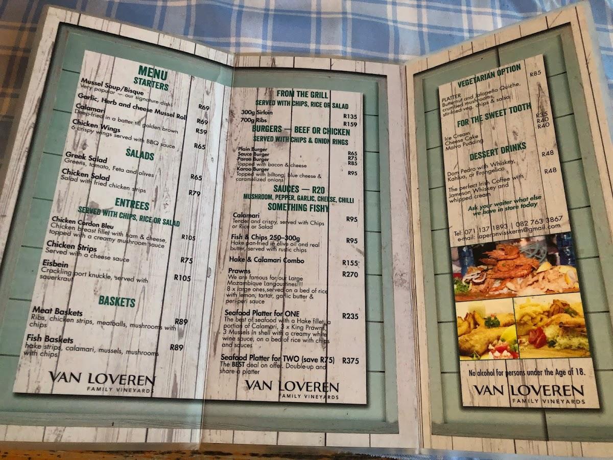 Menu at la peron visskerm restaurant, Mossel Bay, Old Station