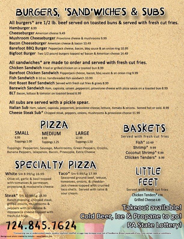Menu at Barefoot Bar & Grill, West Leechburg
