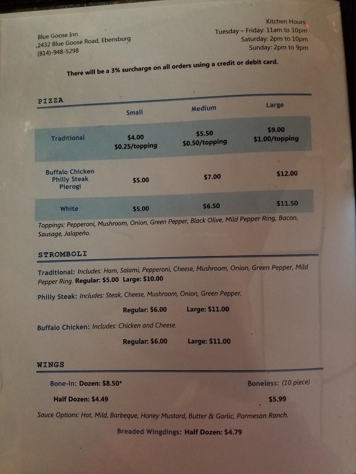 Menu at Blue Goose Inn pub & bar, Nicktown