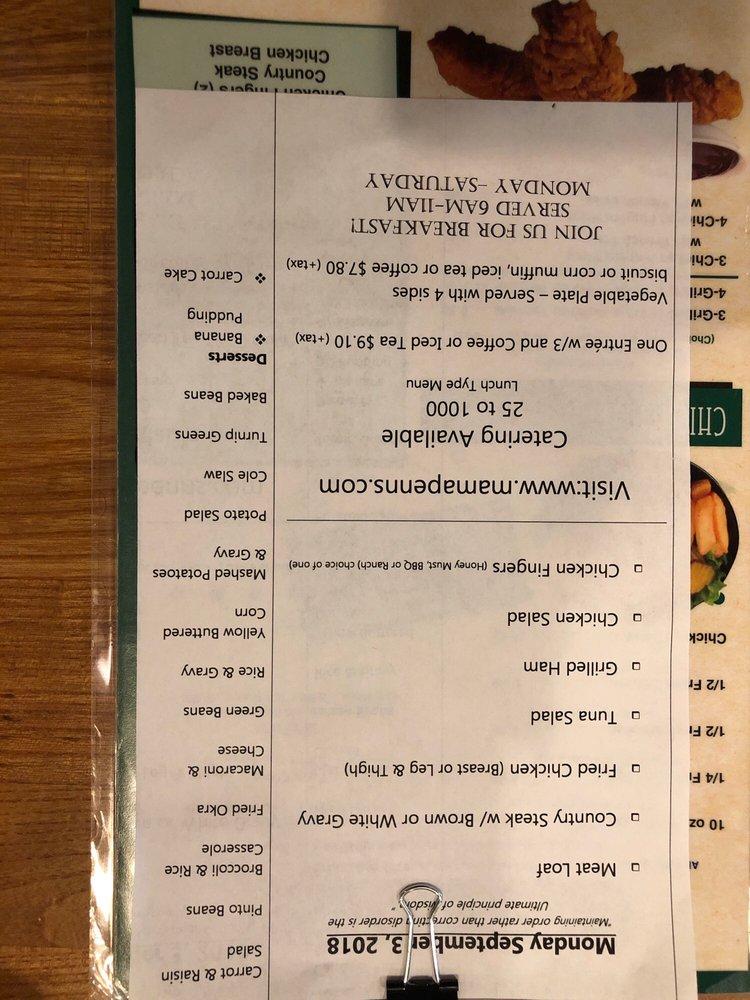 Menu at Mama Penn's restaurant, Anderson