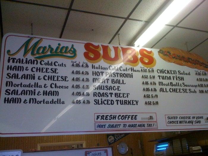 Menu at Maria's Submarine Sandwich Shop pizzeria, Scituate