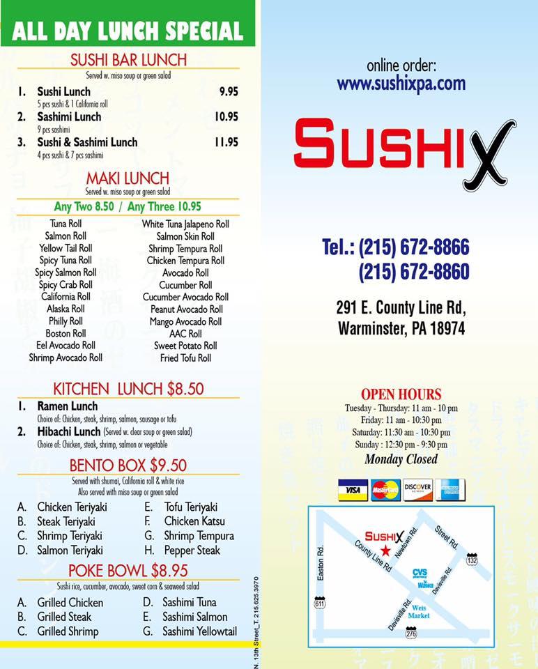 Menu at SUSHI X restaurant, Warminster