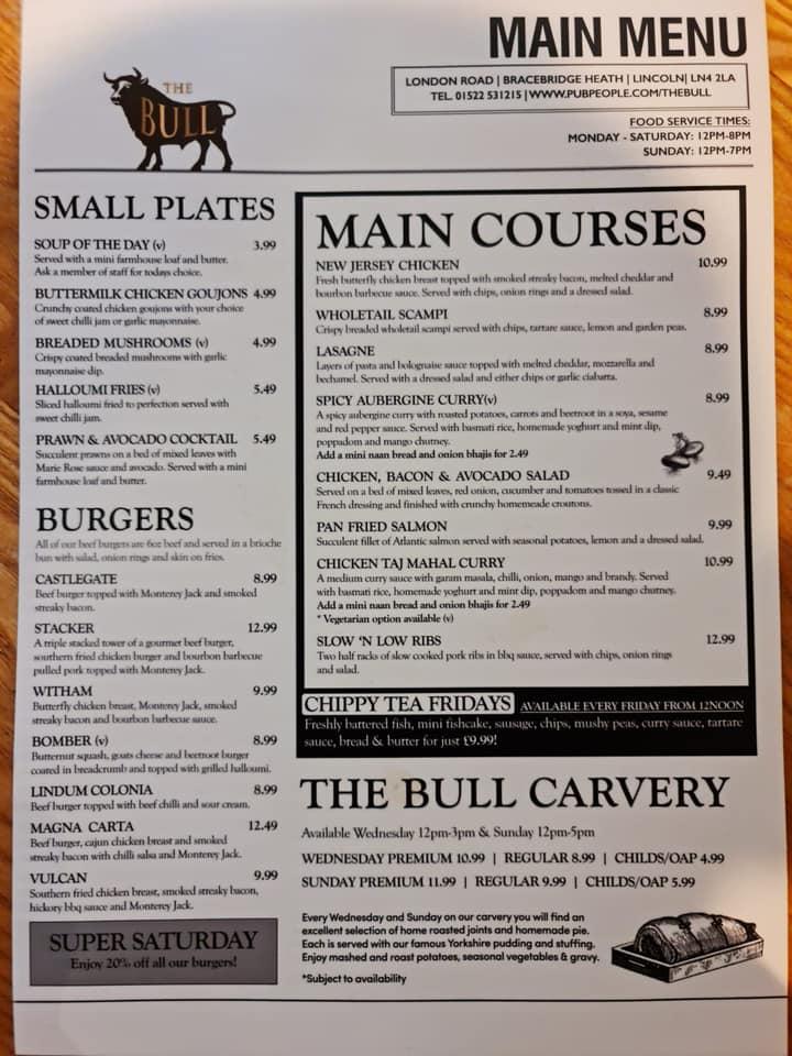 Menu at The Bull pub & bar, Lincoln