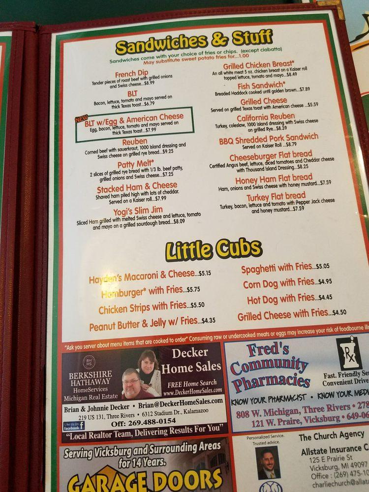 Menu at Yogi's restaurant, Vicksburg
