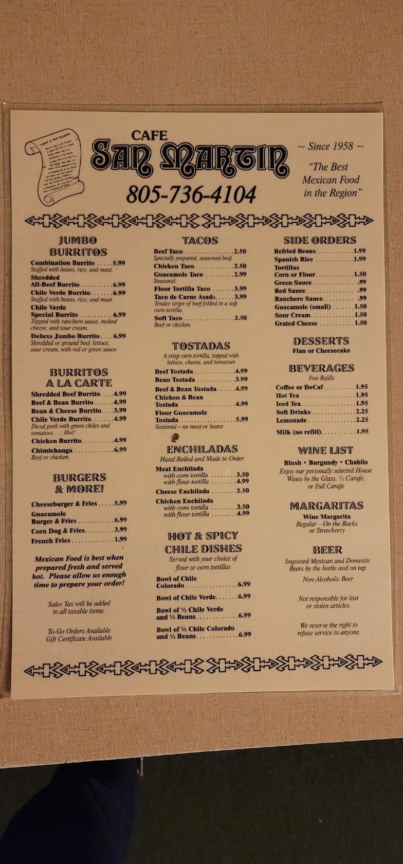 Menu at Cafe San Martin, Lompoc