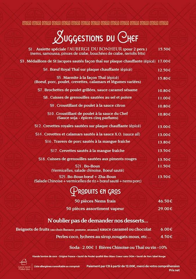 Menu au L'Auberge du Bonheur restaurant, Loury
