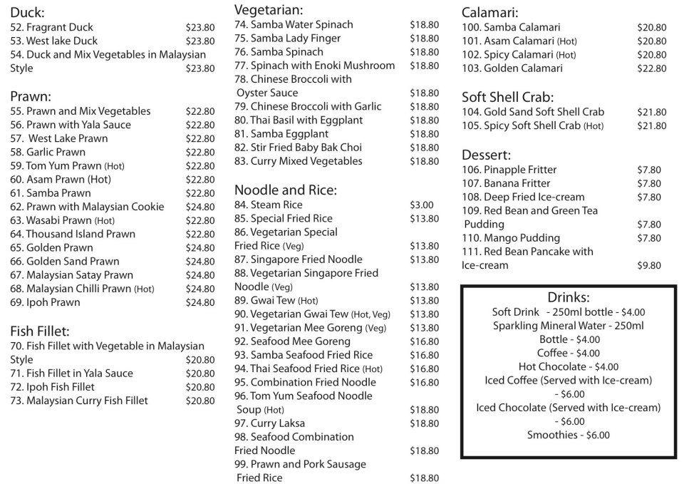 Menu at Mega Malaysia restaurant, Townsville