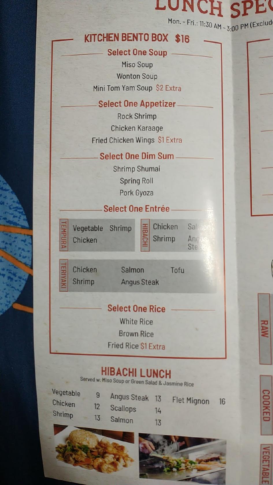 Menu at Mito Hibachi restaurant, Yonkers