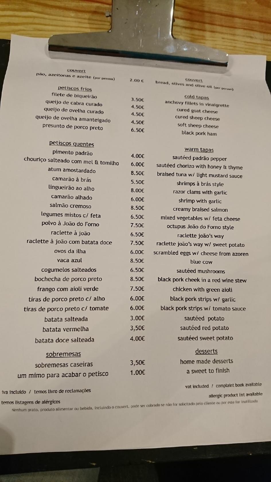 Menu at A tasca do João restaurant, Faro