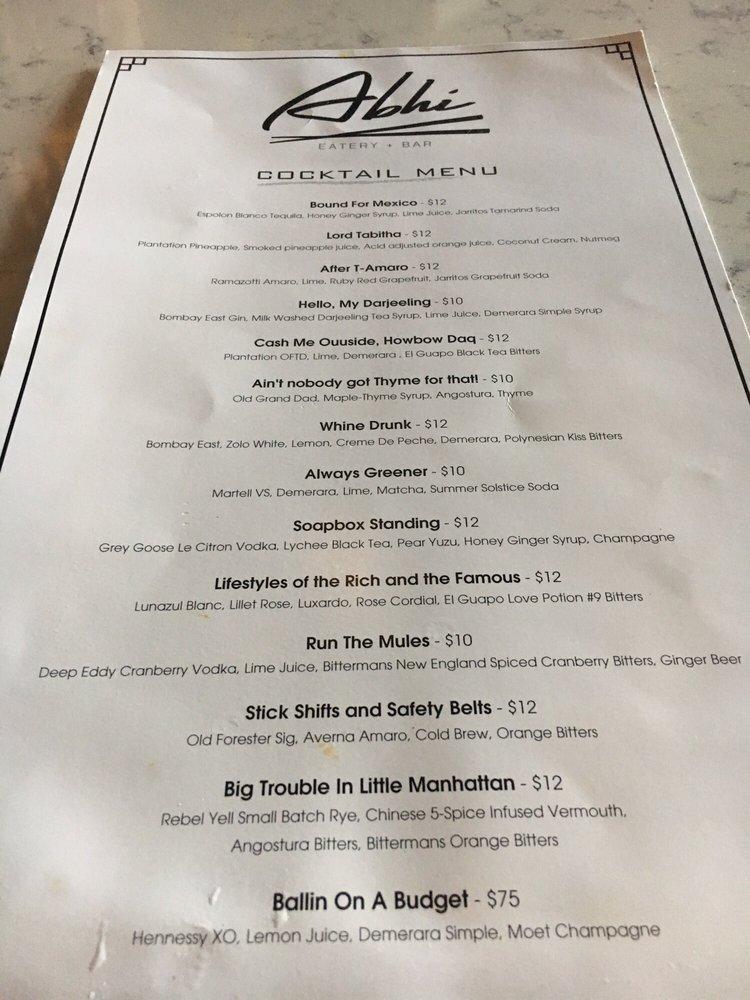 Menu at Abhi restaurant, Birmingham