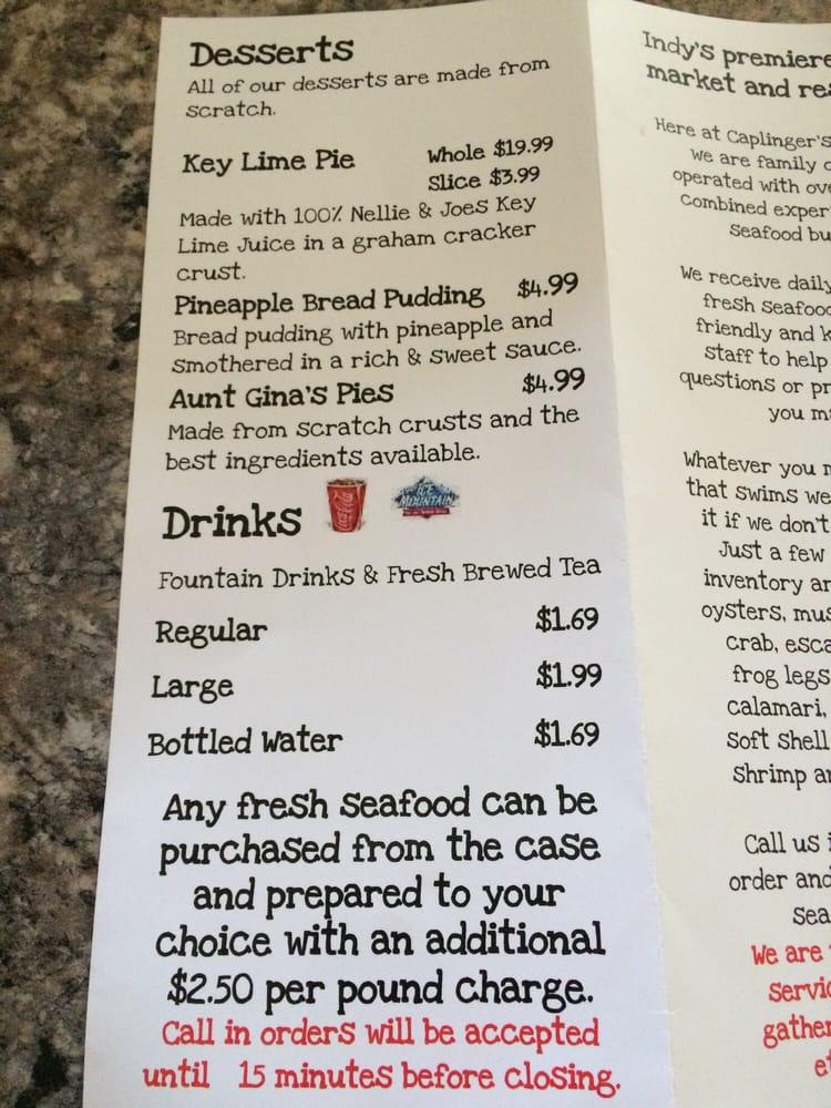 Menu at Caplinger's Fresh Catch restaurant, Indianapolis, Shadeland Ave