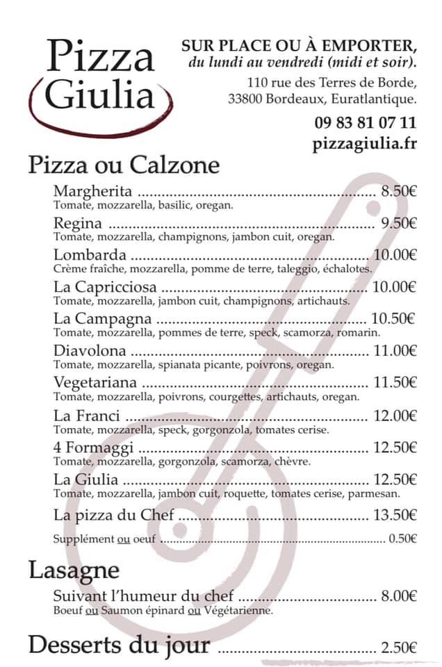 Menu at Giulia Bordeaux restaurant, Bordeaux