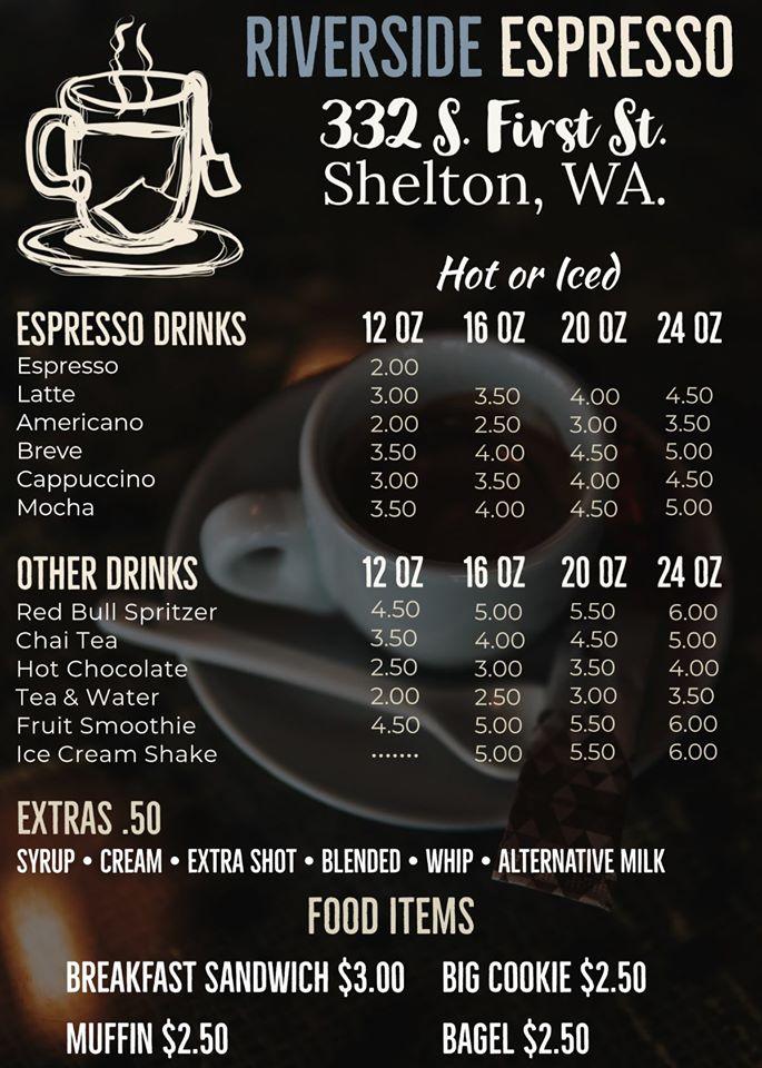 Menu at Riverside Espresso & Subs, Shelton