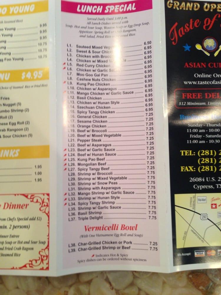 Menu at Taste of Asia restaurant, Cypress, Northwest Fwy #195
