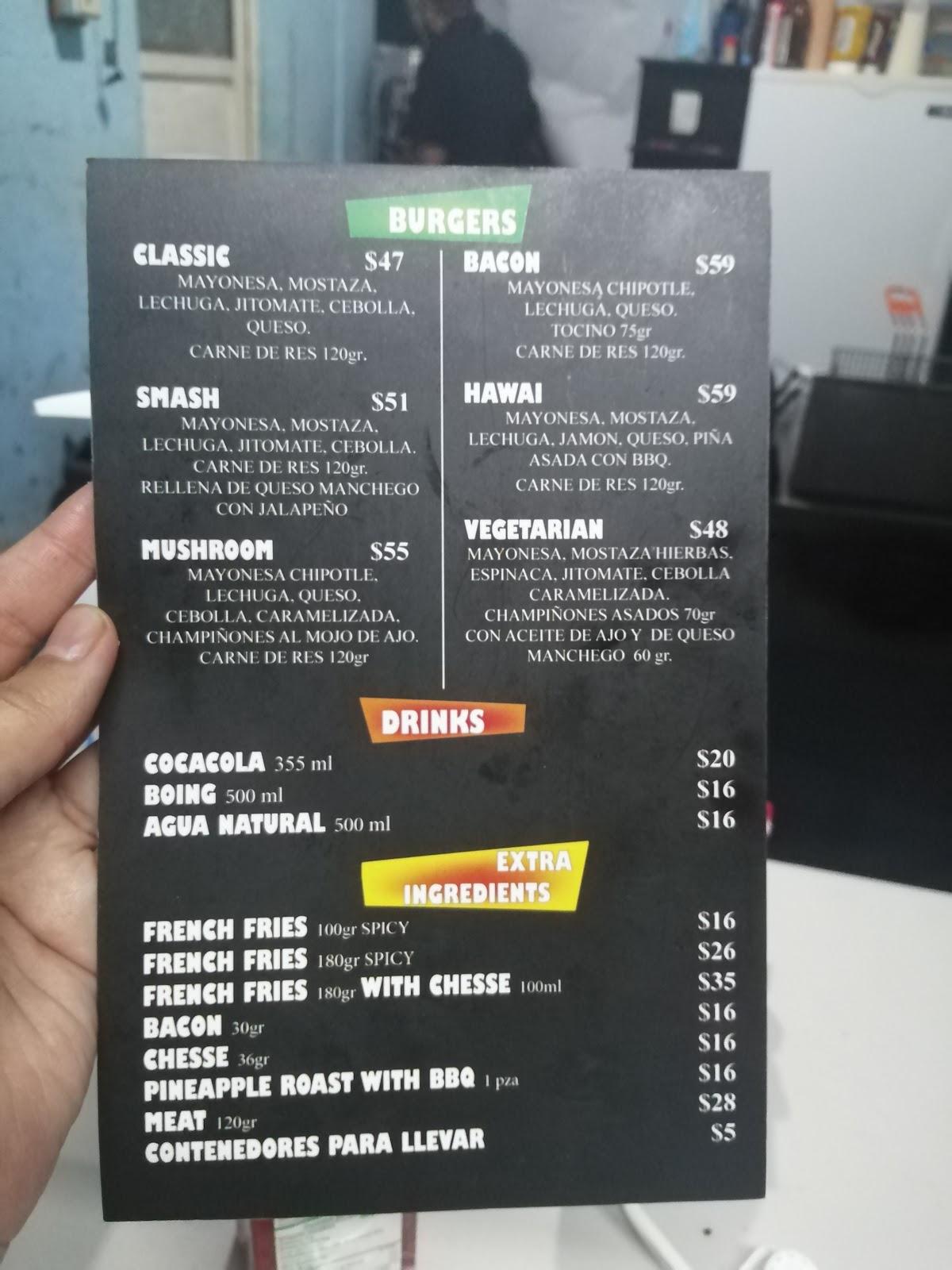 Menu at Burger 25 restaurant, Mexico