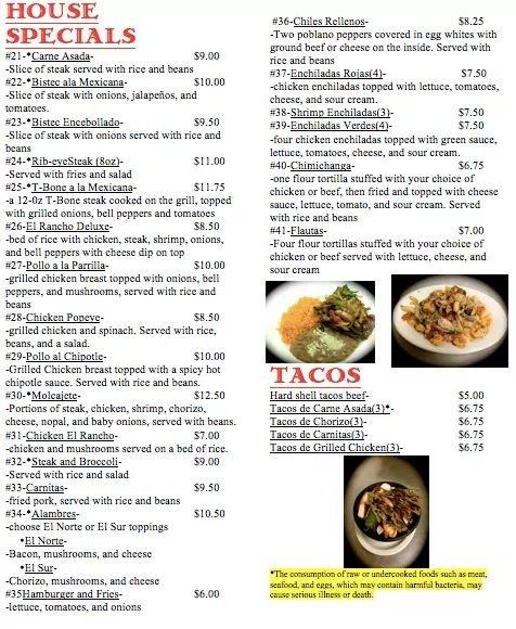 Menu at El Rancho Mexican Restaurant, Eastman