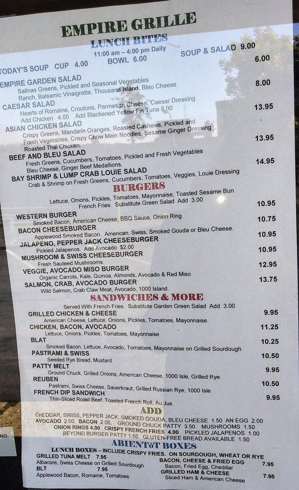 Menu at Empire Grille pub & bar, Felton