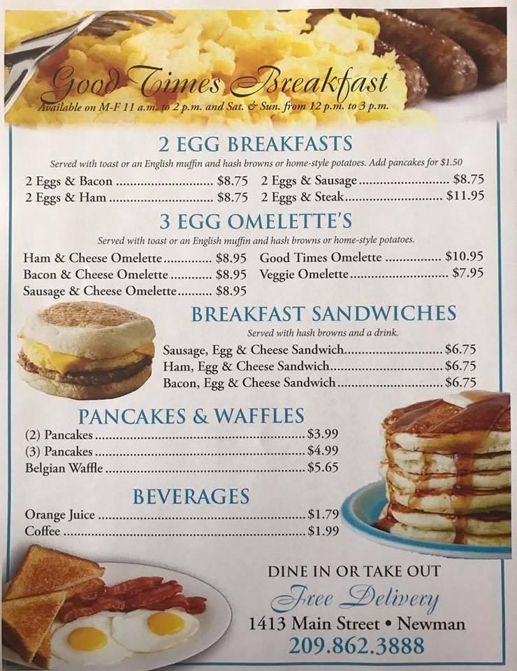 Menu at Good Times restaurant, Newman