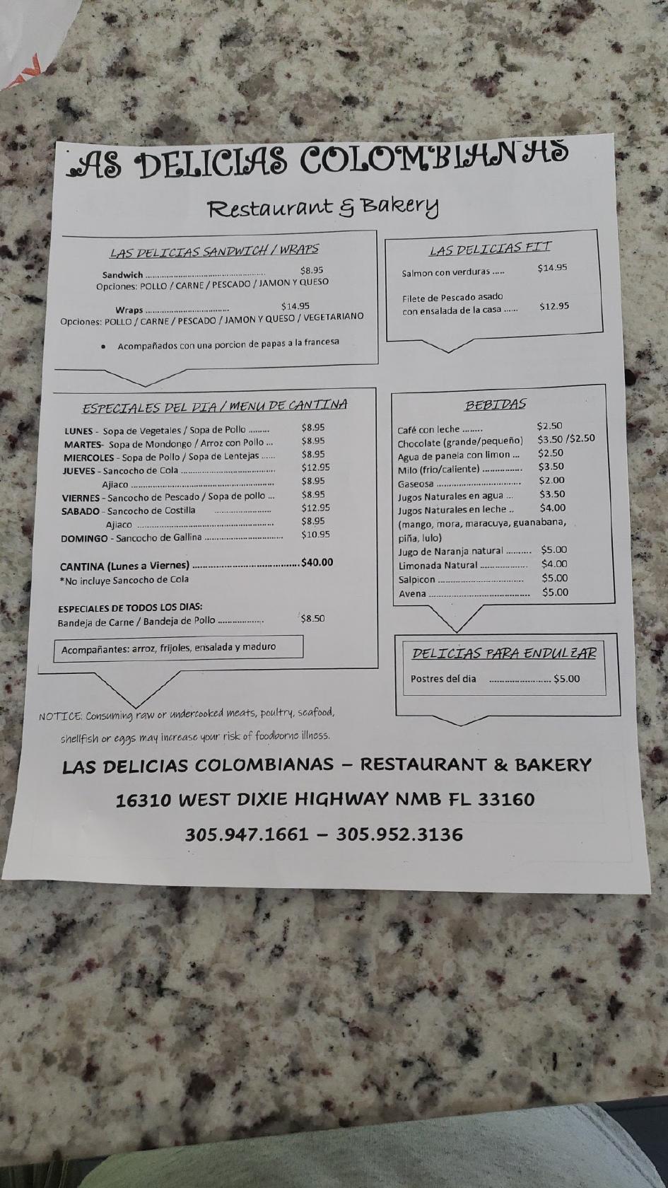 Menu at Las Delicias Colombianas restaurant, North Miami Beach, W Dixie Hwy