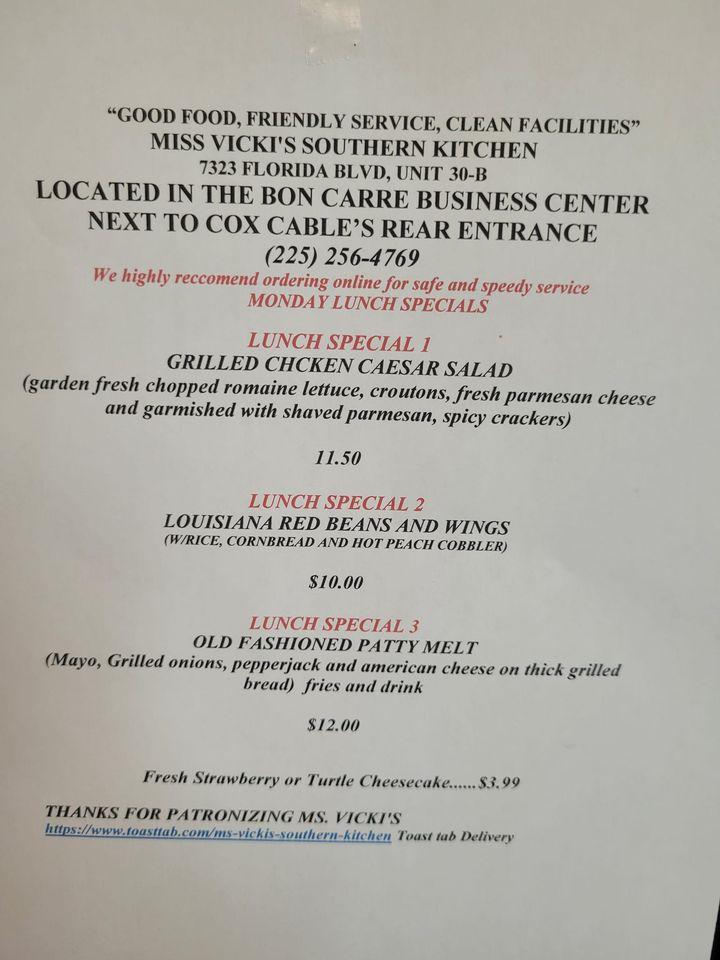 Menu at Miss Vicki's Southern Kitchen restaurant, Baton Rouge