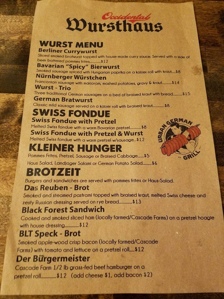 Menu at Urban German Wursthaus restaurant, Portland