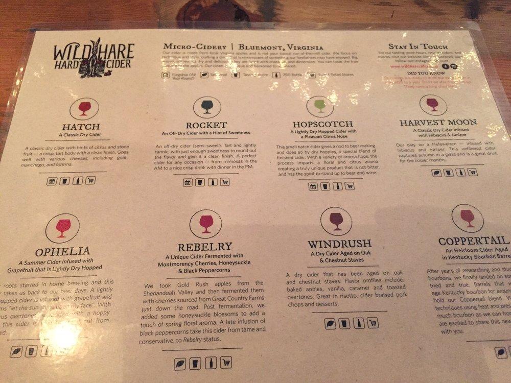 Carta del pub y bar Wild Hare Cider, Leesburg