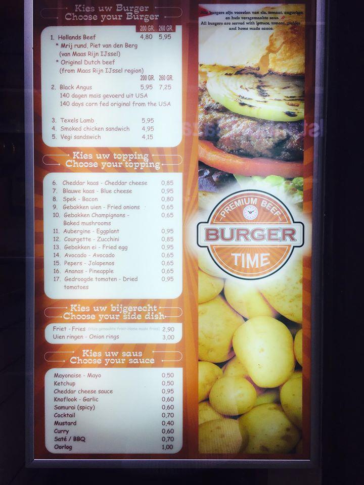 Menu at Burger Time, Amsterdam