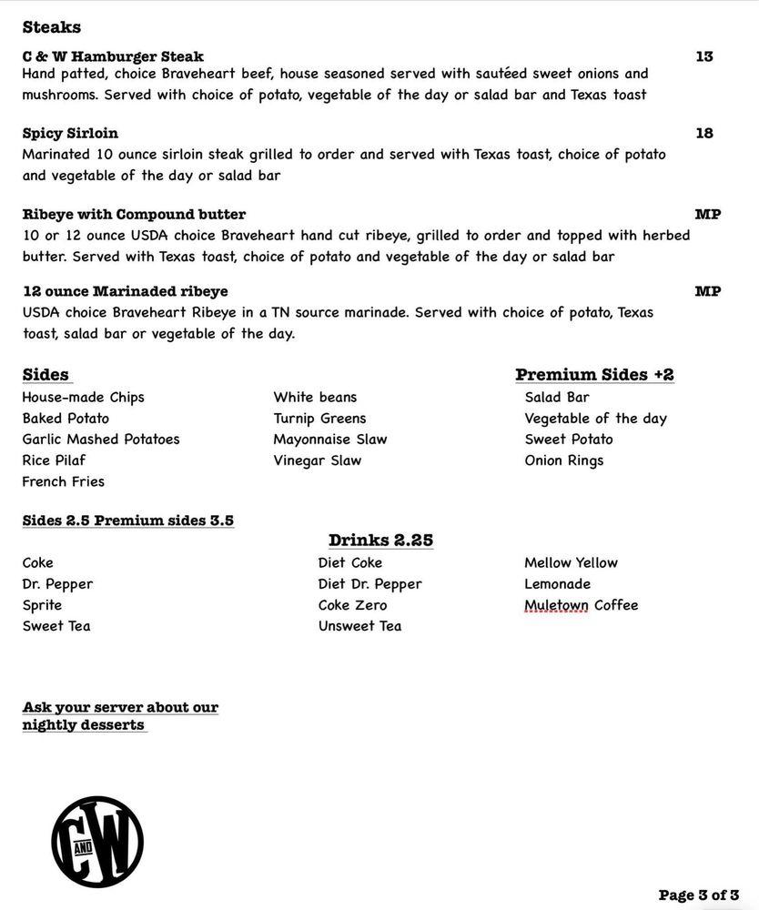 Menu at Country & Western Steakhouse, Camden