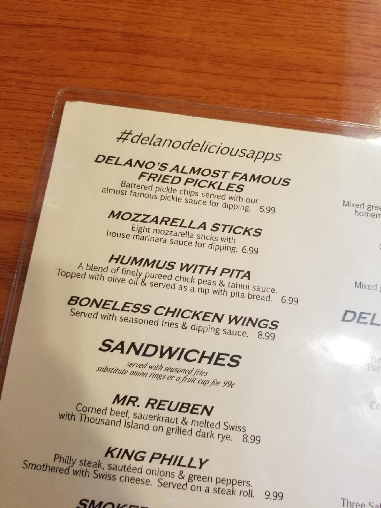 Menu at Delano's Diner restaurant, Wichita