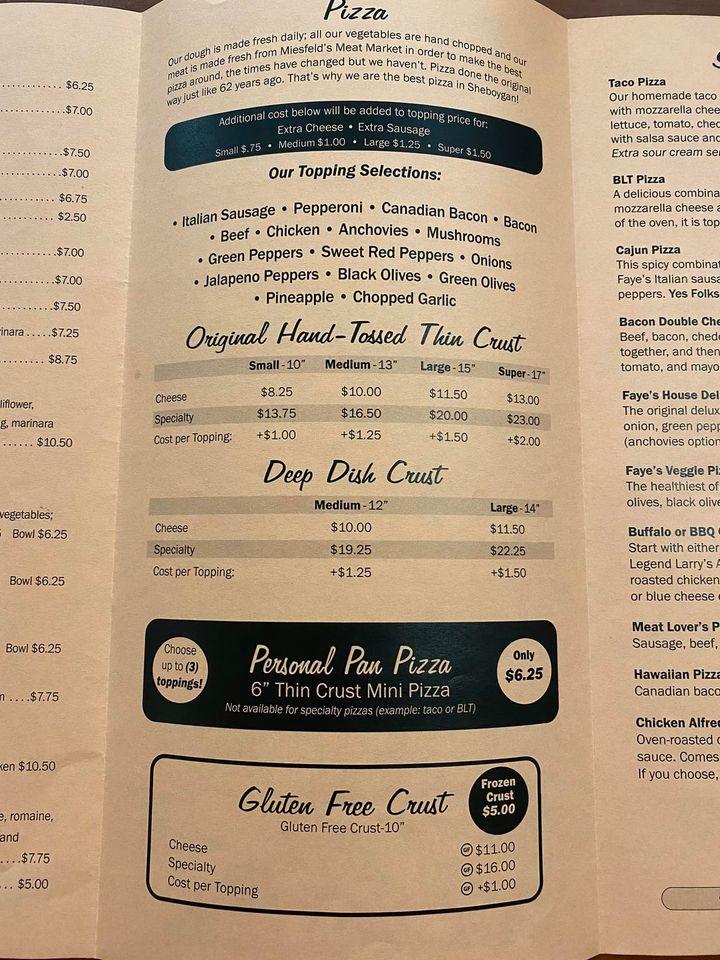 Menu at Faye's Pizza pizzeria, Sheboygan