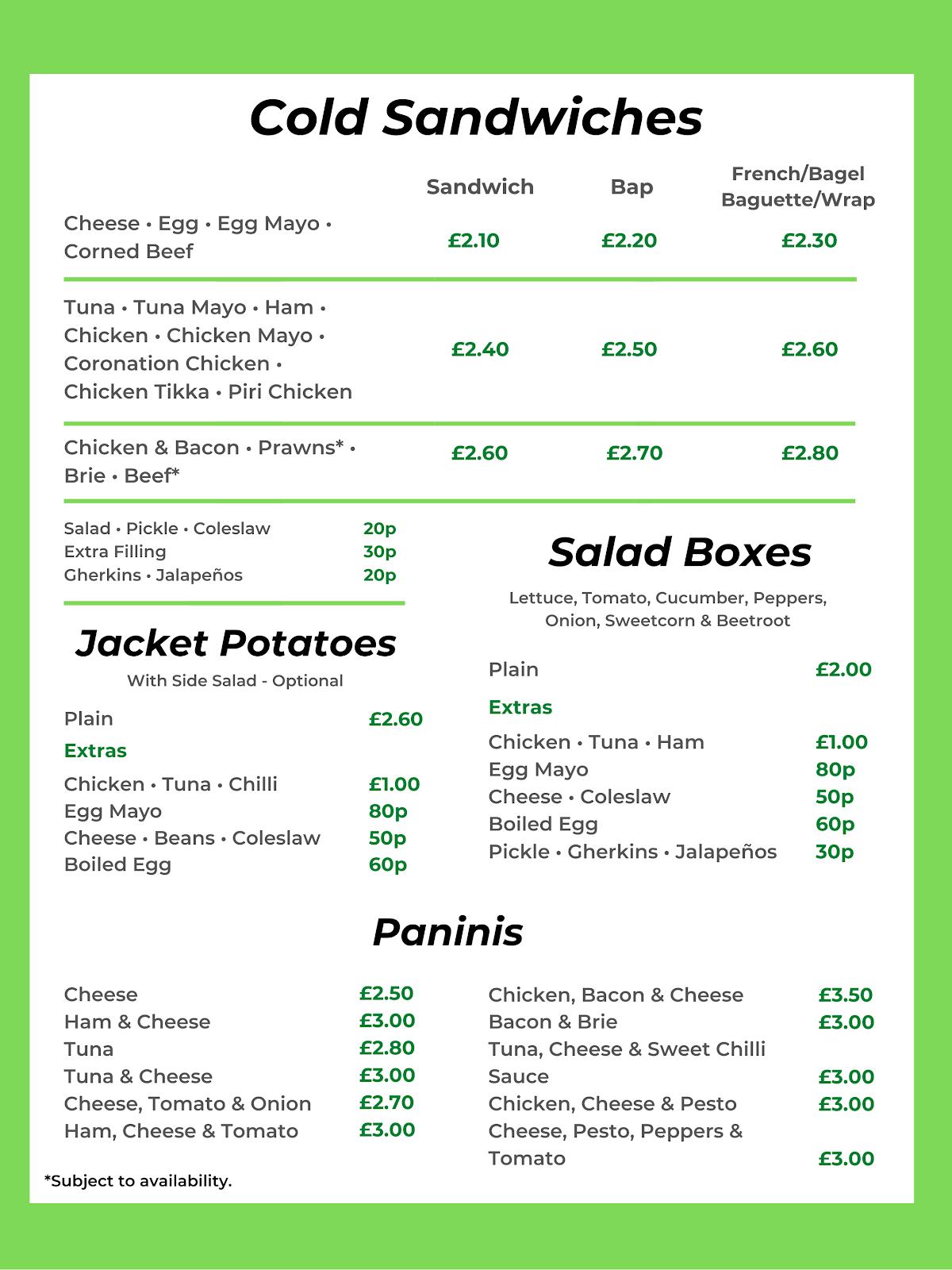 Menu at Fillers Sandwich Bar, Luton