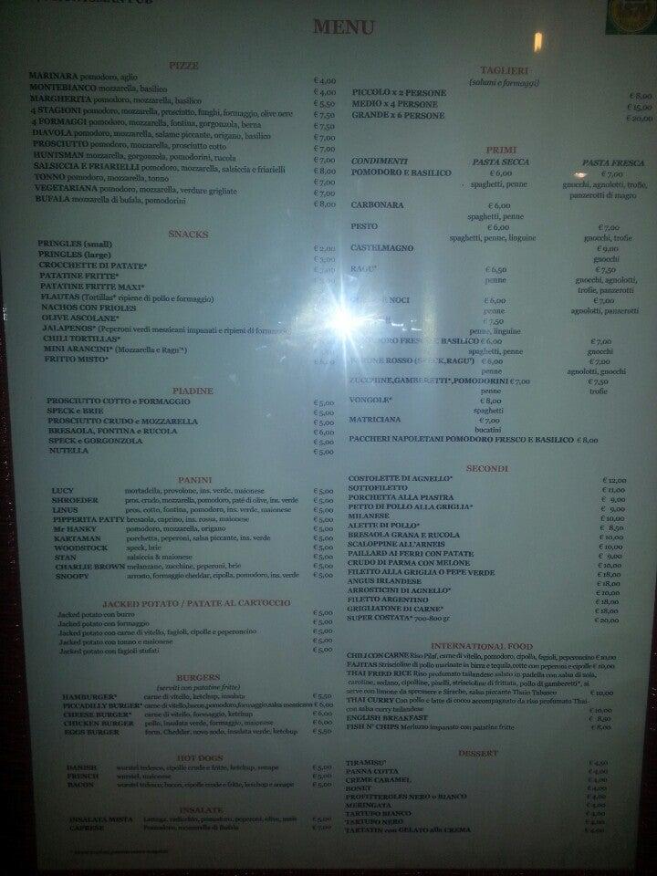 Menu at Huntsman Pub, Turin