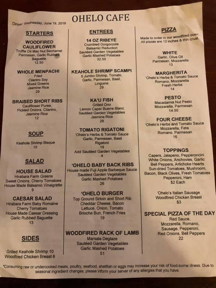 Menu at ʻŌhelo Café pub & bar, Volcano