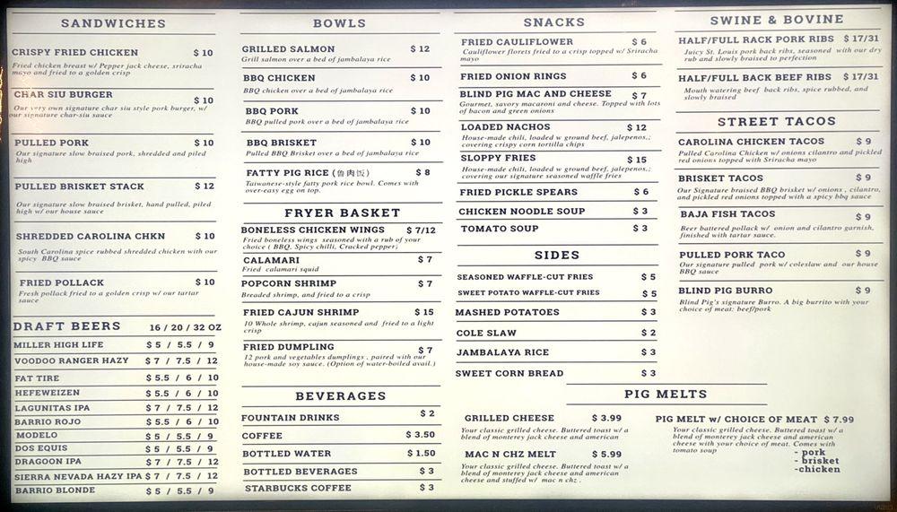 Menu at The Blind Pig pub & bar, Tucson