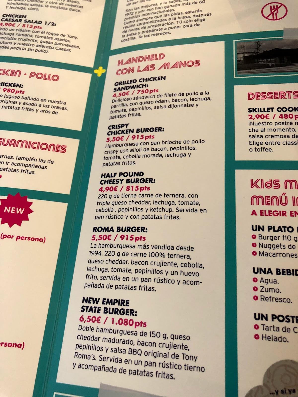 Menu at Tony Roma's restaurant, Madrid, C/ de Hortaleza