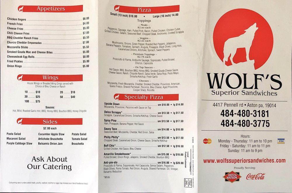 Menu at Wolf's Superior Sandwiches pizzeria, Aston