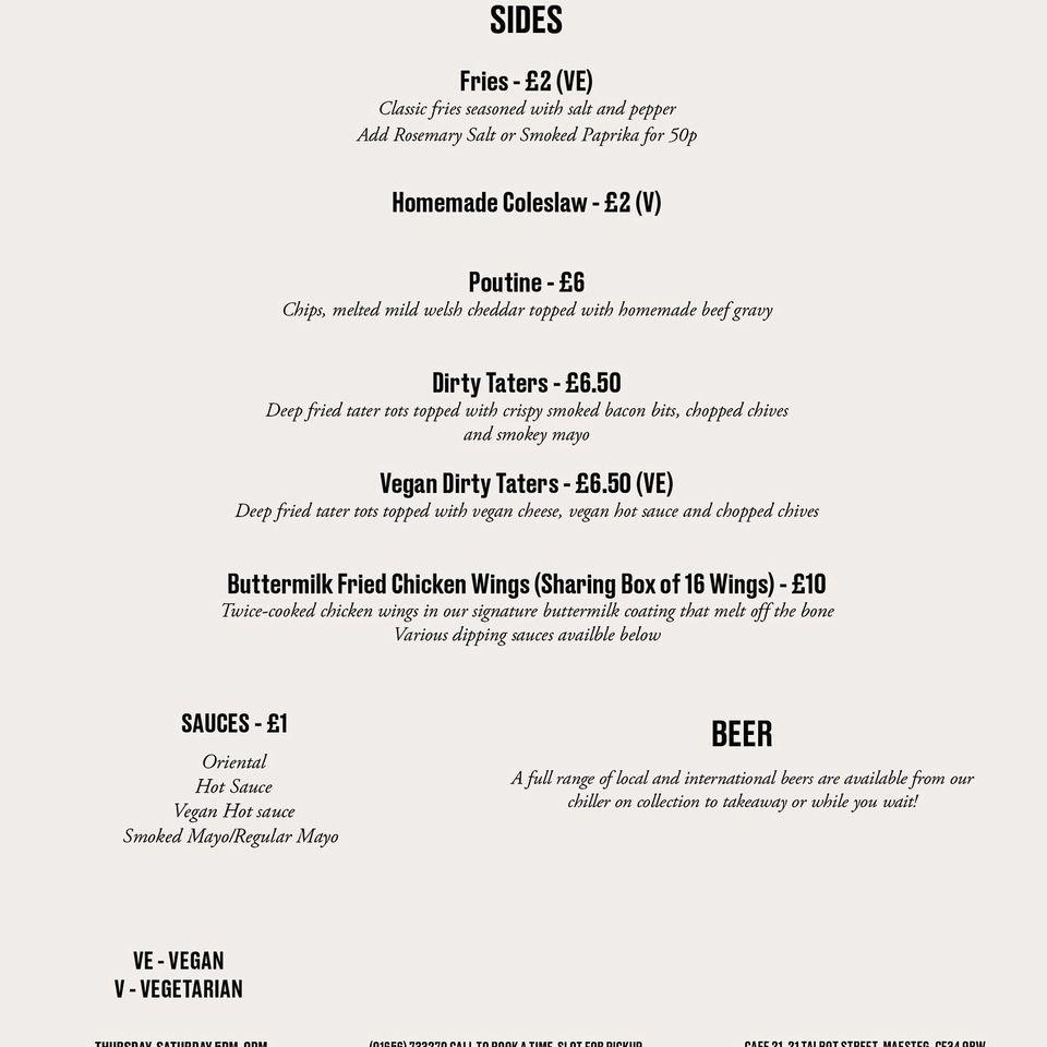 Menu at Cafe 21, Maesteg